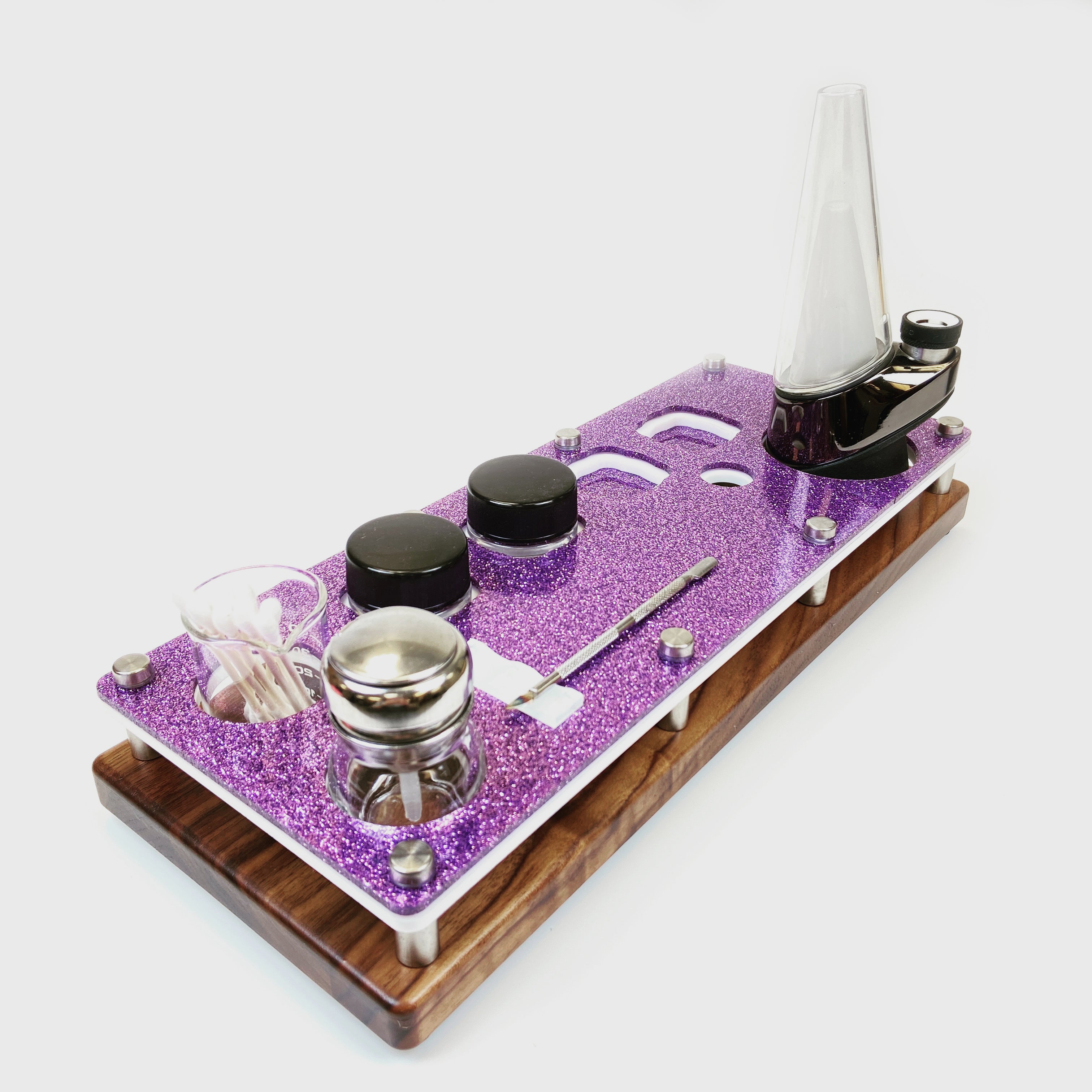 E-Trays Puffco Dab Rig Station Organizer in Purple Glitter on Hardwood
